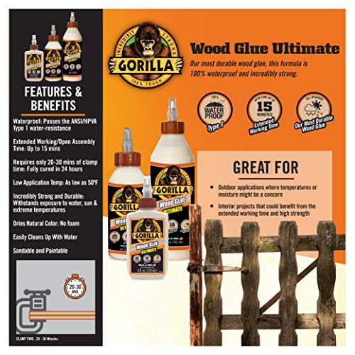 Gorilla Ultimate Waterproof Wood Glue, 8 Ounce, Natural Wood Color, (Pack of 1)