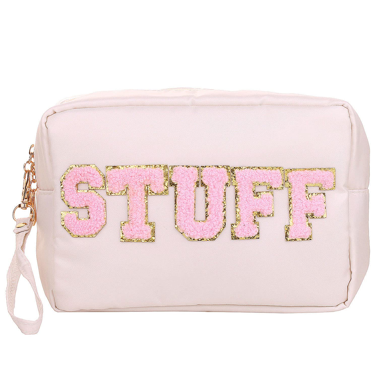 oaesc Nylon Cosmetic Bag Chenille Letter Patches Waterproof Travel Pouch Snack Makeup with Wrist Strap for Women (Beige-STUFF)