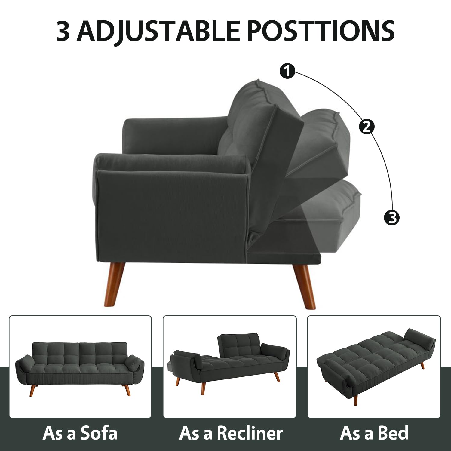 Relyblo Futon Sofa Bed, 76 inch Convertible Sectional Fabric Sleeper Couch, Splitback Loveseat with Tapered Legs, Modern Lounge for Living Room, Study, Bedroom, Apartment, Office,Yellow