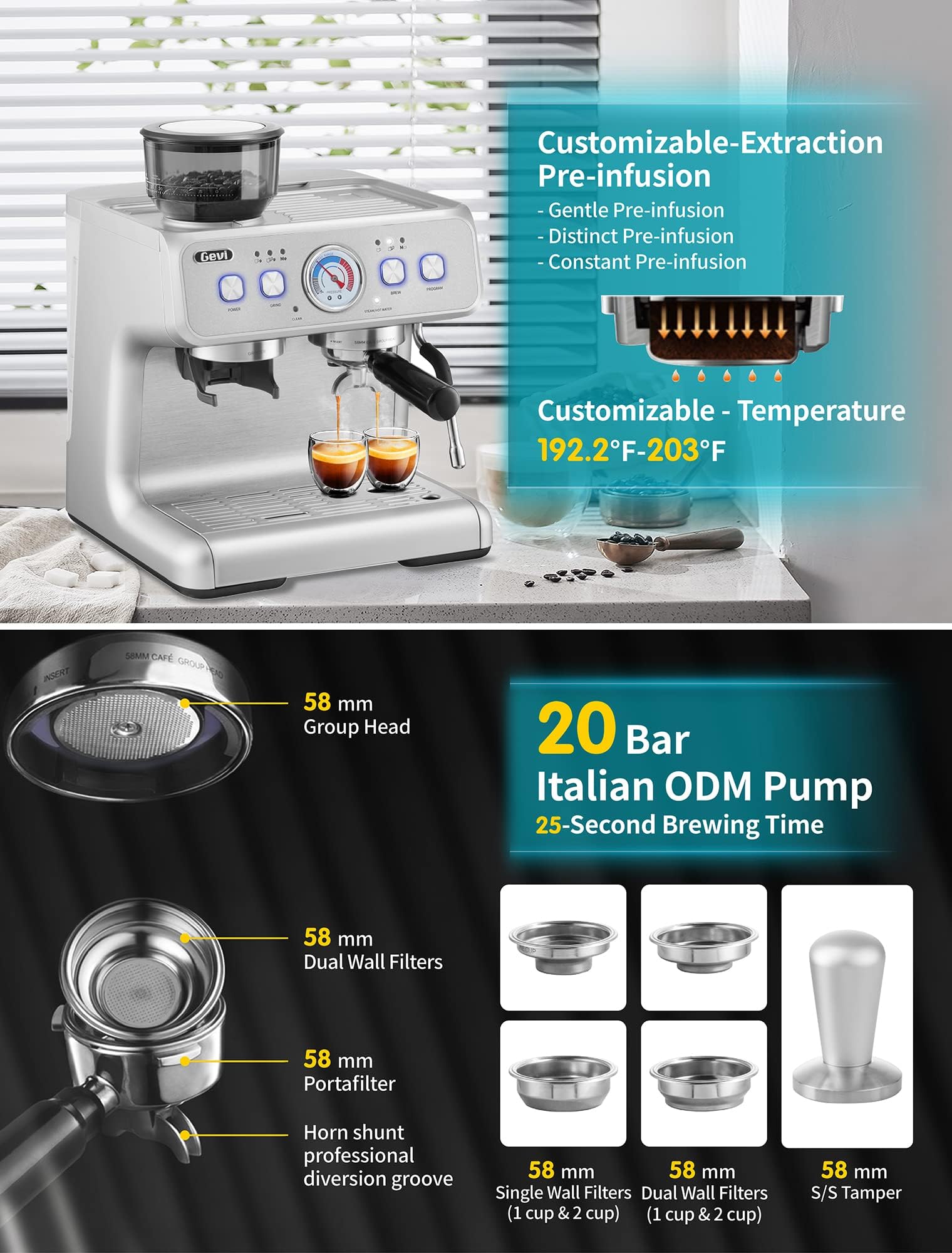 Gevi 20Bar Semi Automatic Espresso Machine With Grinder & Steam Wand – All in One Espresso Maker & Latte Machine for Home Dual Heating System