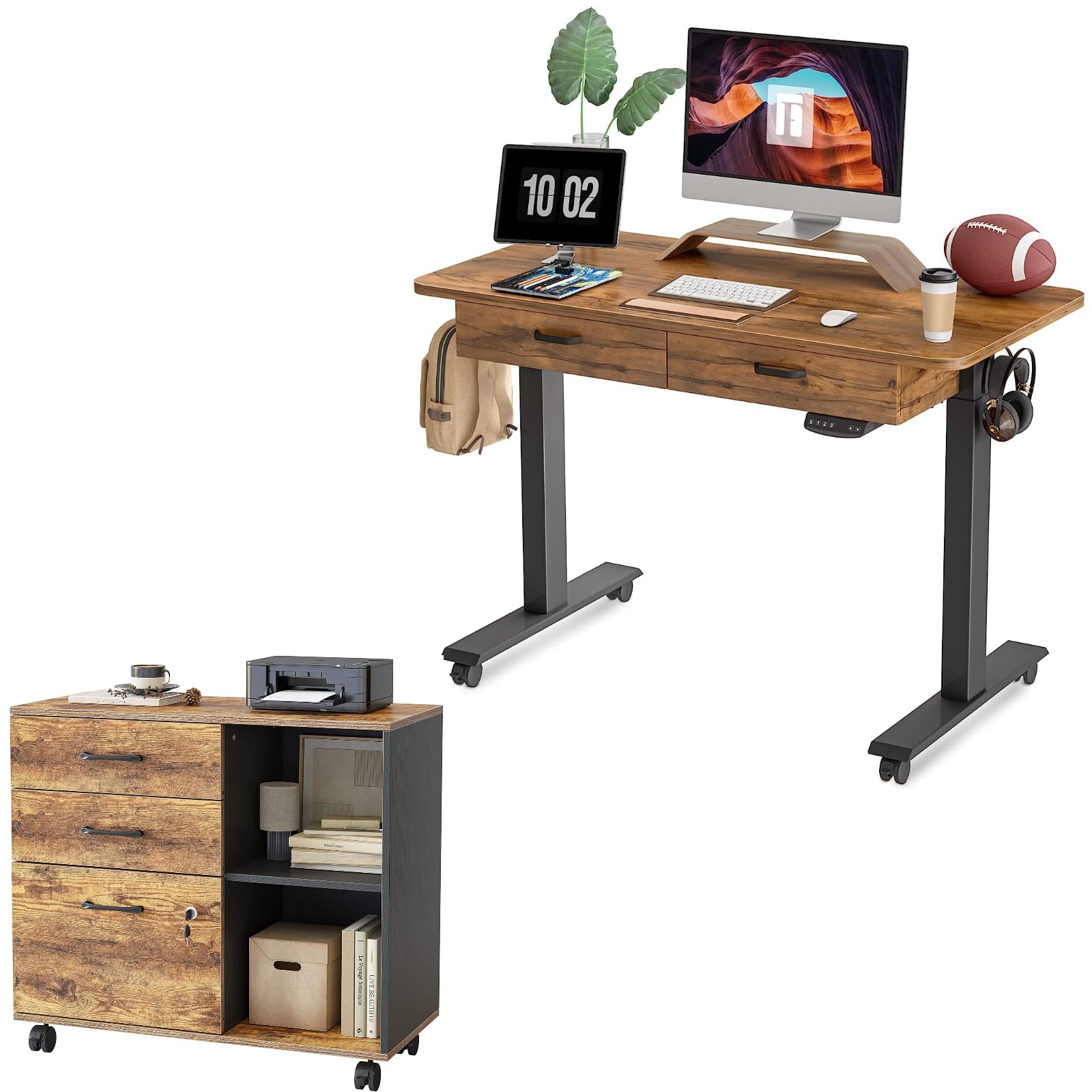 FEZIBO Height Adjustable Desk with 2 Drawers Storage and 3-Drawer Mobile File Cabinet