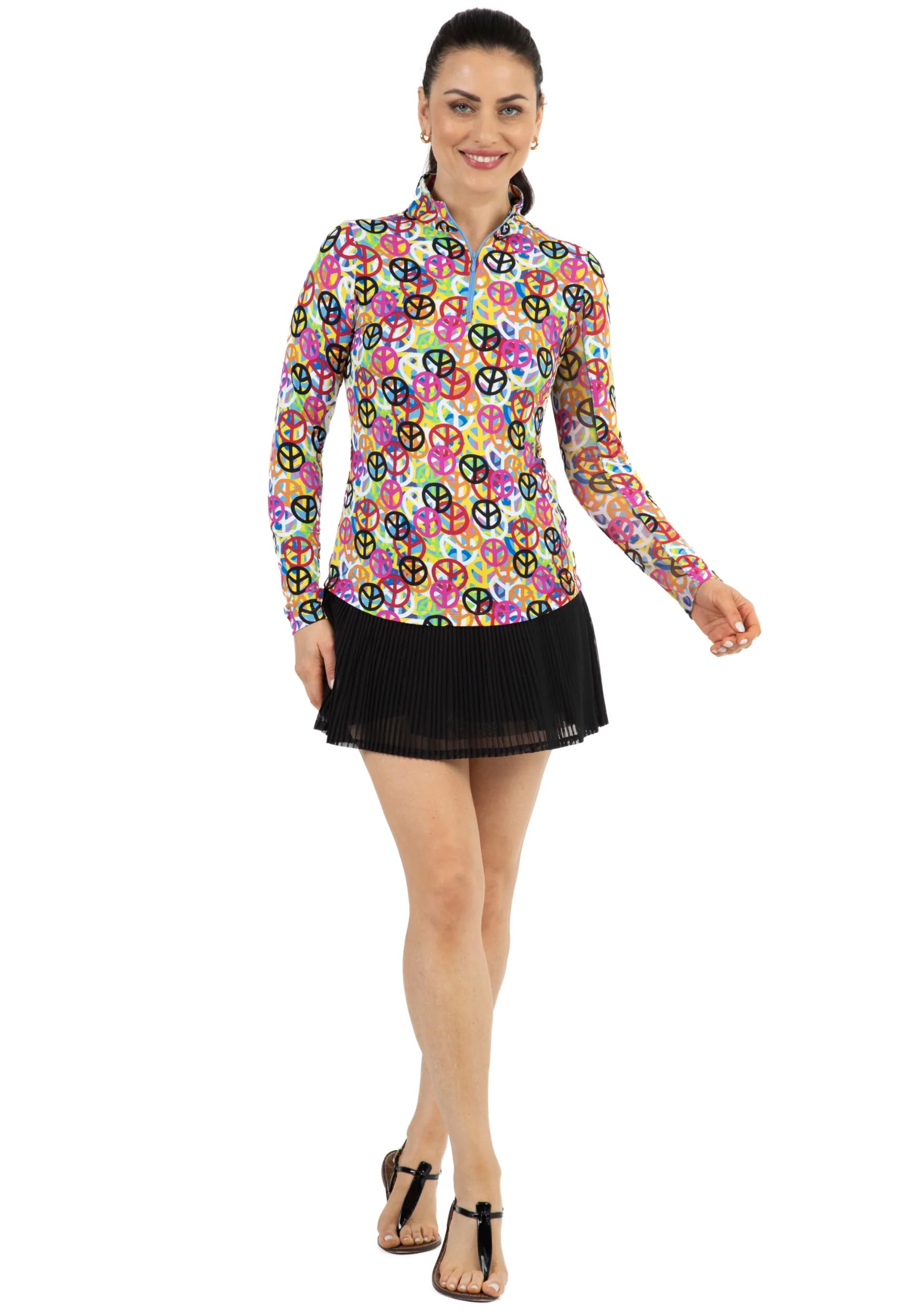 IBKUL Athleisure Wear Sun Protective UPF 50+ Icefil Cooling Tech Lennox Print Long Sleeve Mock Neck Top – 10381 Peri Multi Lennox S