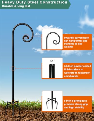 Koutemie 60 Inch Outdoor Shepherd Hook for Hanging Plant, Adjustable Heavy Duty Bird Feeder Pole with 5 Prong Base for Solar Lanterns, Black & 2 Packs