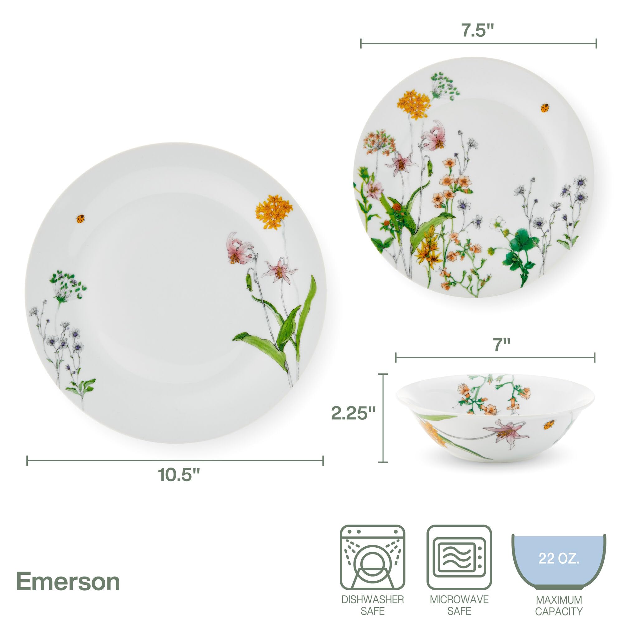 Fitz & Floyd Emerson Porcelain Dinnerware Set, Floral, Service for 8, 24 Pieces