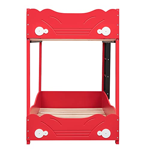 OYN Twin Over Twin Car-Shaped Bunk Bed Frame with Wheels for Children Teens Boys and Girls, Red