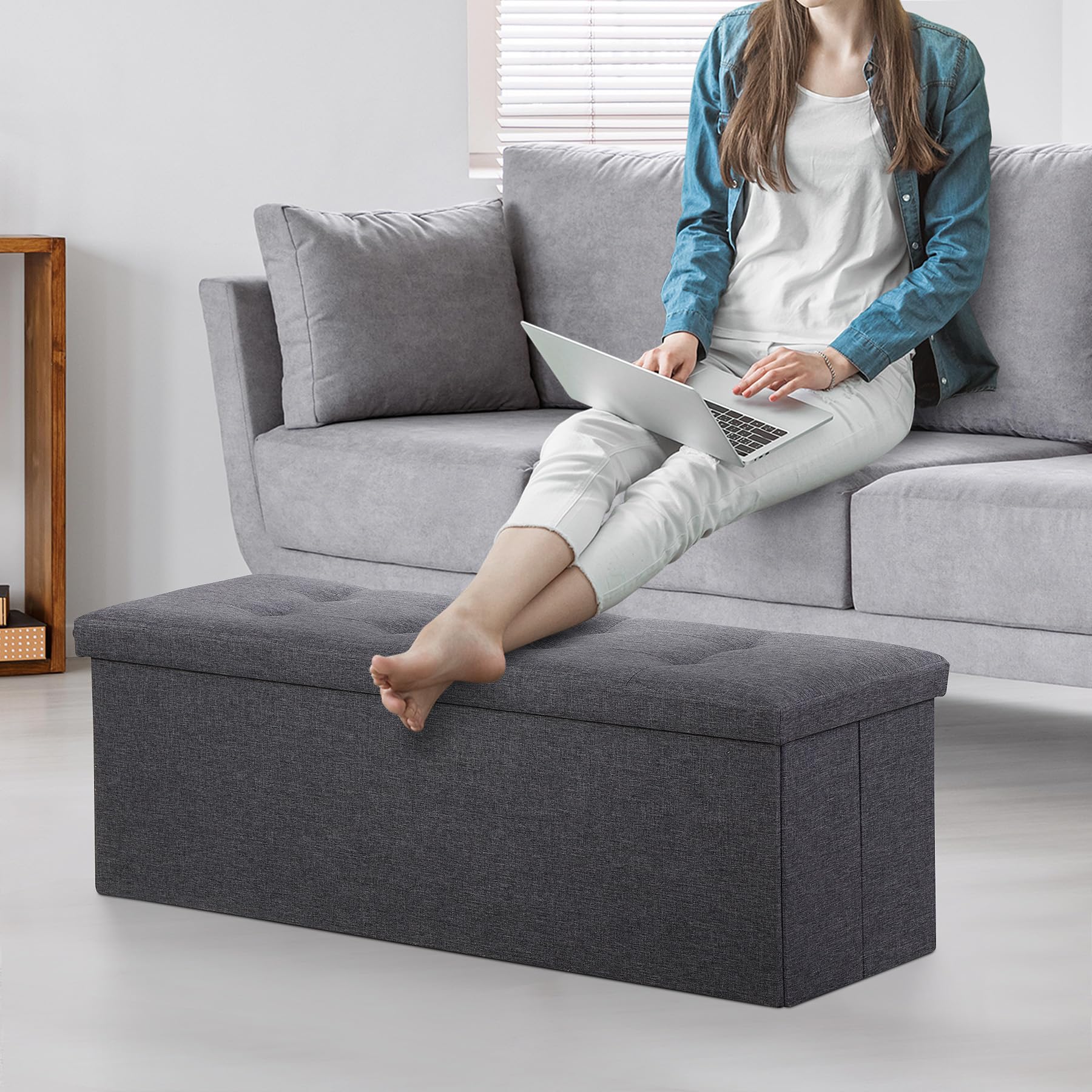 Saicool 43 Inch Folding Storage Ottoman Bench, Storage Chest Box w Divider,Long Linen Foot Rest Stool,for Bedroom, End of Bed, Living Room, Entryway,Brown