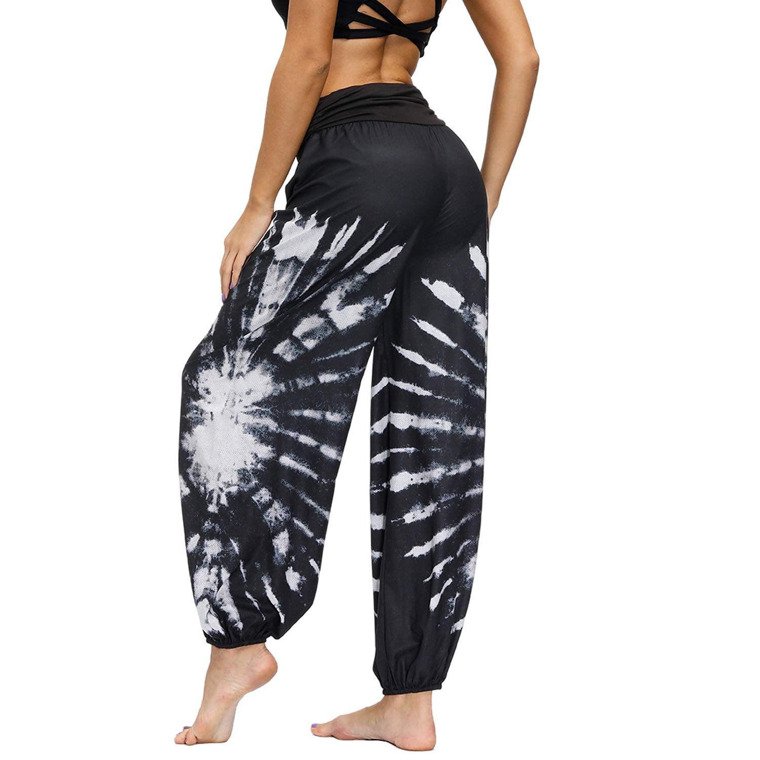 Lu's Chic Women's Boho Hippie Pants Yoga Thai Indian Bohemian Summer Cinch Bottom High Waisted Printed Pants Black Style3 X-Large