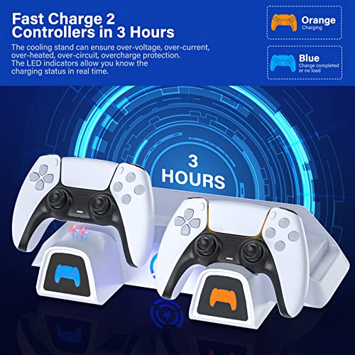 PS5 Stand and Cooling Station with Dual PS5 Controller Charging Station for Playstation 5 PS5 Console Disc/Digital Edition, PS5 Accessories, Cooling Fan, Headset Holder, 11 Game Slots, White