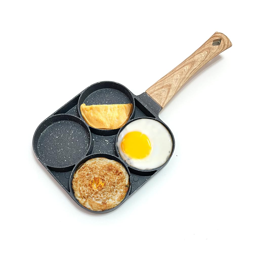 Unoschrim 4-Cup Frying Pan, Aluminium Nonstick Egg Frying Pan with Bakelite Handles, Multifunctional Breakfast Pot for Cooking Pancake, Vegetable Patties or Burger, All Stoves Compatible, Easy Clean