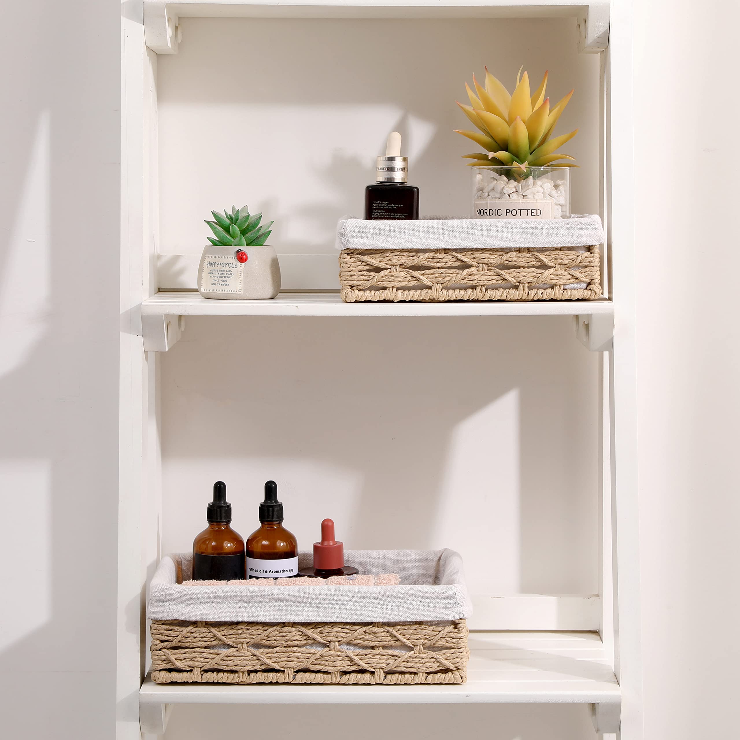 Sopsele Small Wicker Baskets for Organizing,Paper Rope Storage Basket,Desk Basket With Liner,Hand Towel Baskets, Baskets for Drawer Organizing, Toilet Tank Basket, Set of 2 Beige