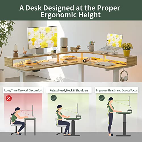 FEZIBO Triple Motor L Shaped Stadning Desk with LED Strip & Power Outrlets,63 inches Height Adjustable Stand up Corner Desk with Ergonomic Monitor Stand, White Frame/Natural Top