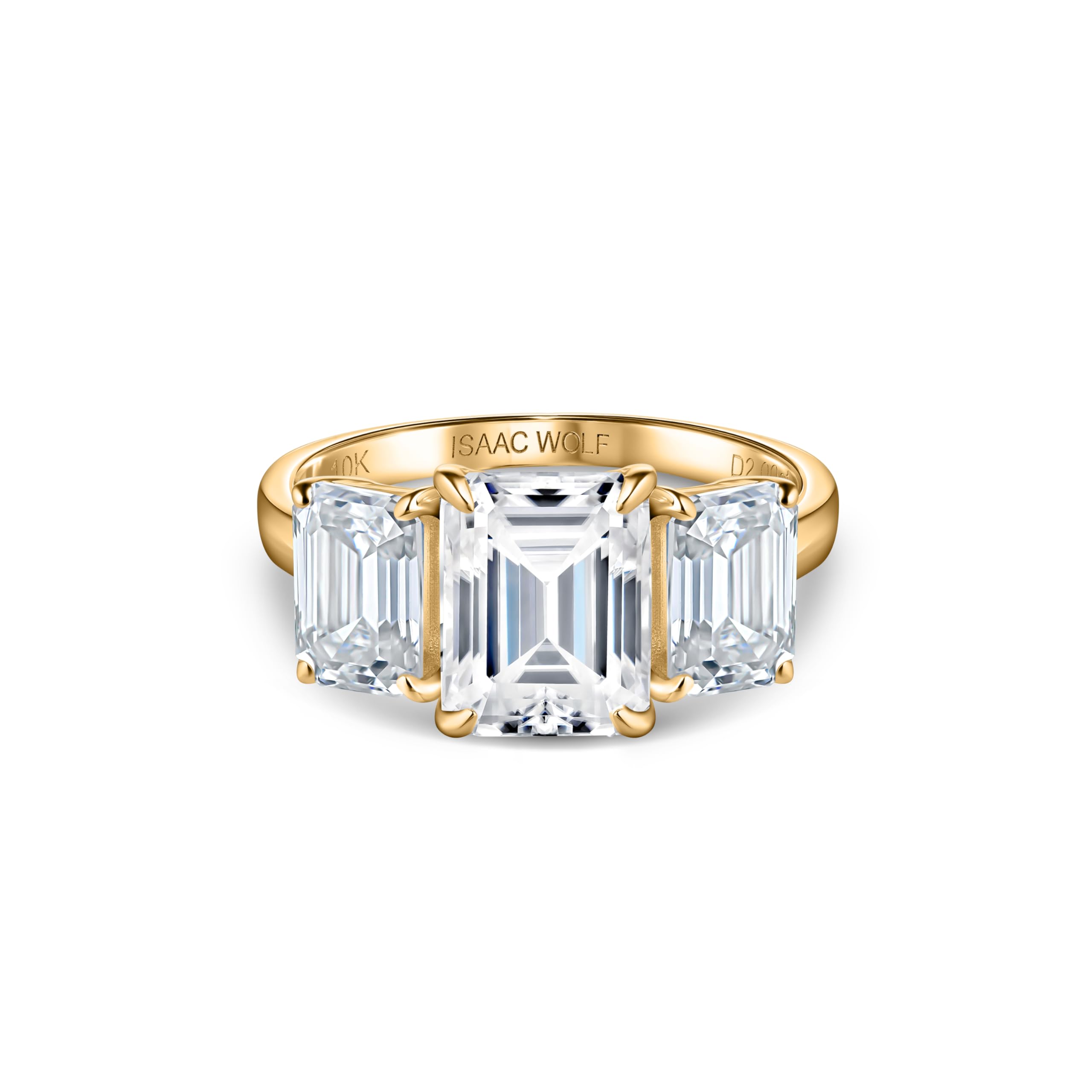 ISAAC WOLF 5 Carat Three Stone Emerald Moissanite Diamond Engagement Ring 10K Solid Gold in White, Yellow OR Rose GOLD (Yellow Gold, 7.5)