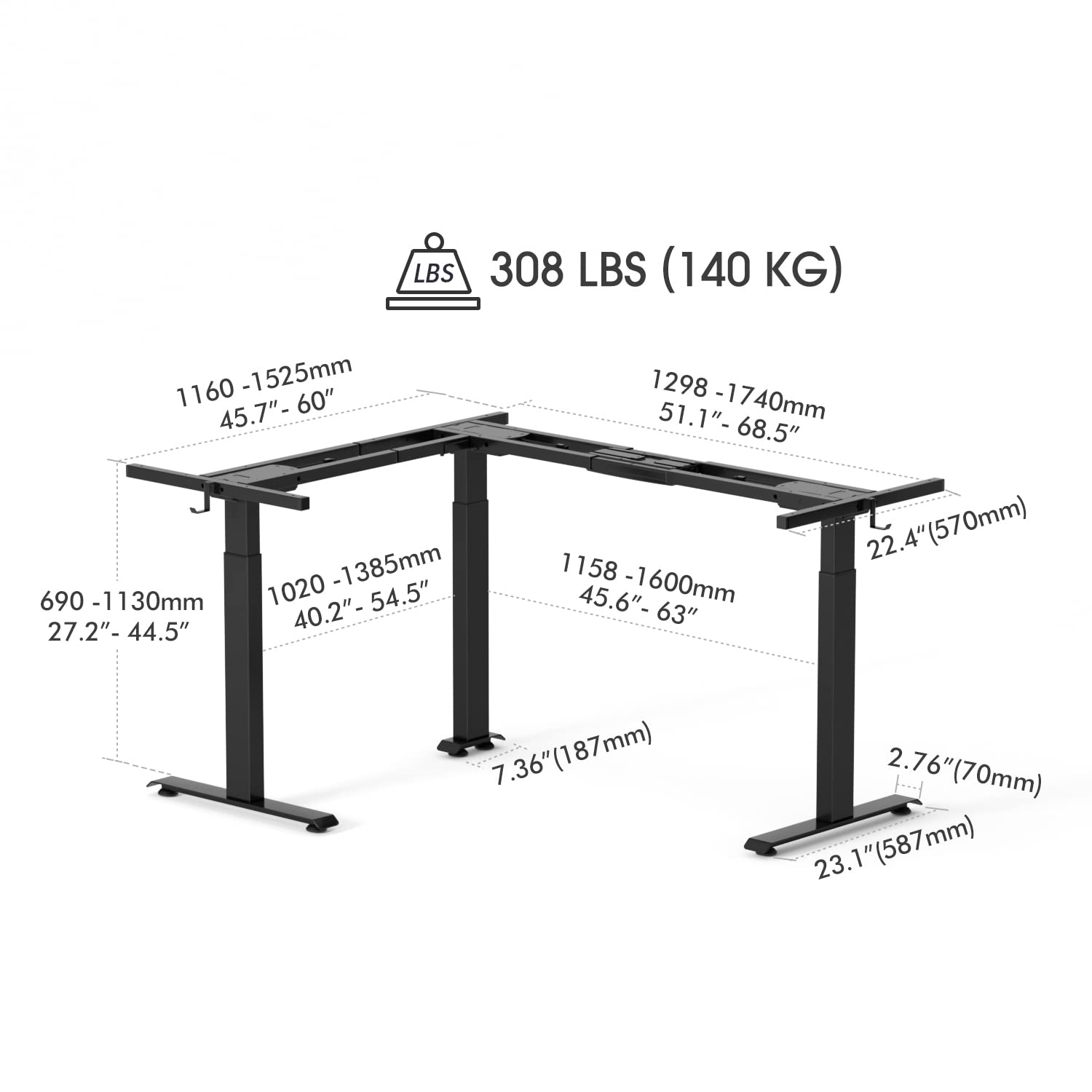 FEZIBO Triple Motor L Shaped Standing Desk Frame Height Adjustable, Electric Standing Desk Legs for 55 Inches to 75 Inches Desk Tops, Home Office Sit Stand Desk Base, White (Frame Only)