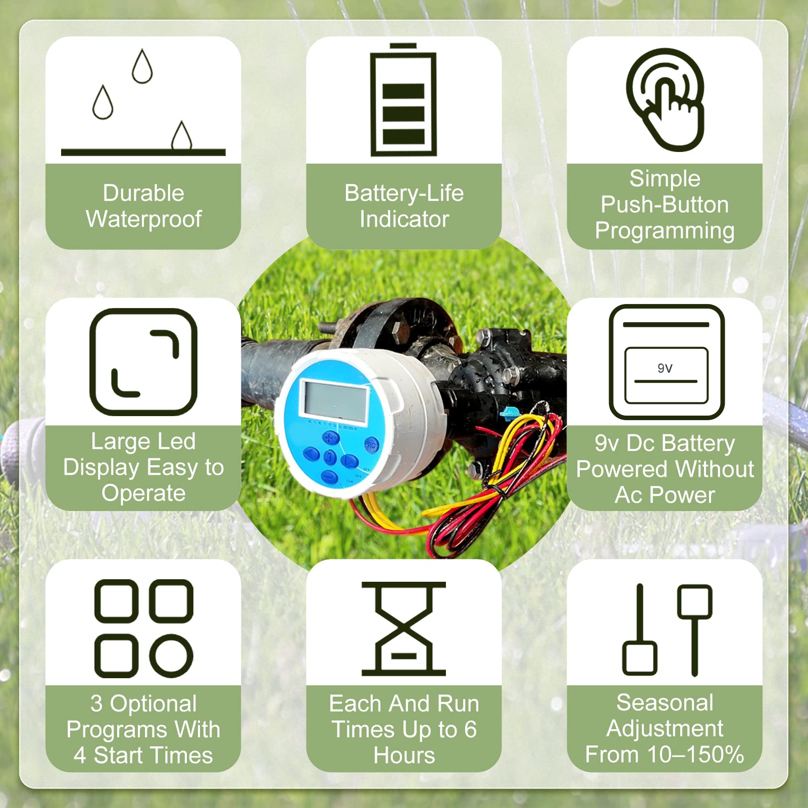 Node-100 Industries Sprinkler Battery Controller with Solenoid, Supports Rain Sensor, Seasonal Adjustment, Automatic/ Manual with Fixed Bracket and Operating Instructions