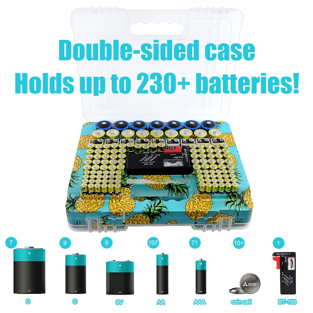 KF-Value Battery Organizer Storage Case with Tester, Waterproof Battery Storage Box, 230+ Battery Case Battery Holder for Household Batteries(2A 3A C D 9V Coin Cell),Pineapple