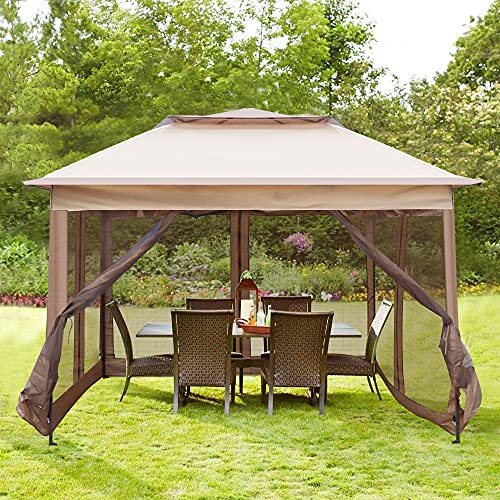 LONABR 11'X11' Pop Up Gazebo with Mosquito Netting Canopy Tent with Sidewalls, Outdoor Canopy Tent for Patio Backyard Garden, Brown
