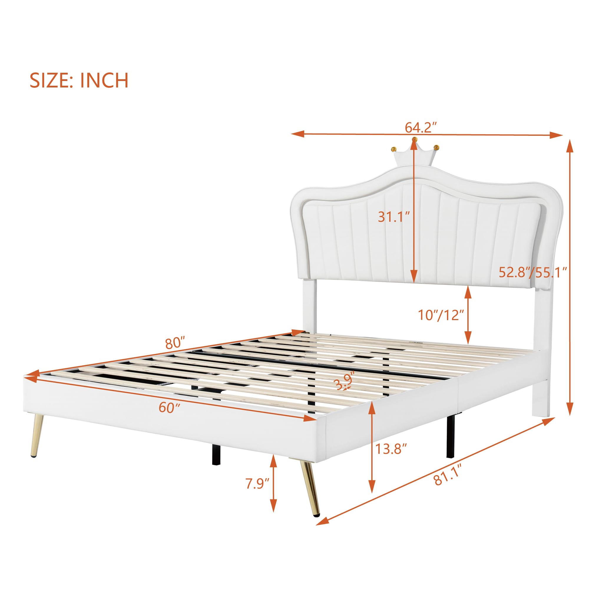 P PURLOVE Cute Princess Bed with LED Lights for Kids,Queen Size Platform Bed with Crown Headboard,Platform Bed Frame with Wood Slats for Girls,Kids,Teens