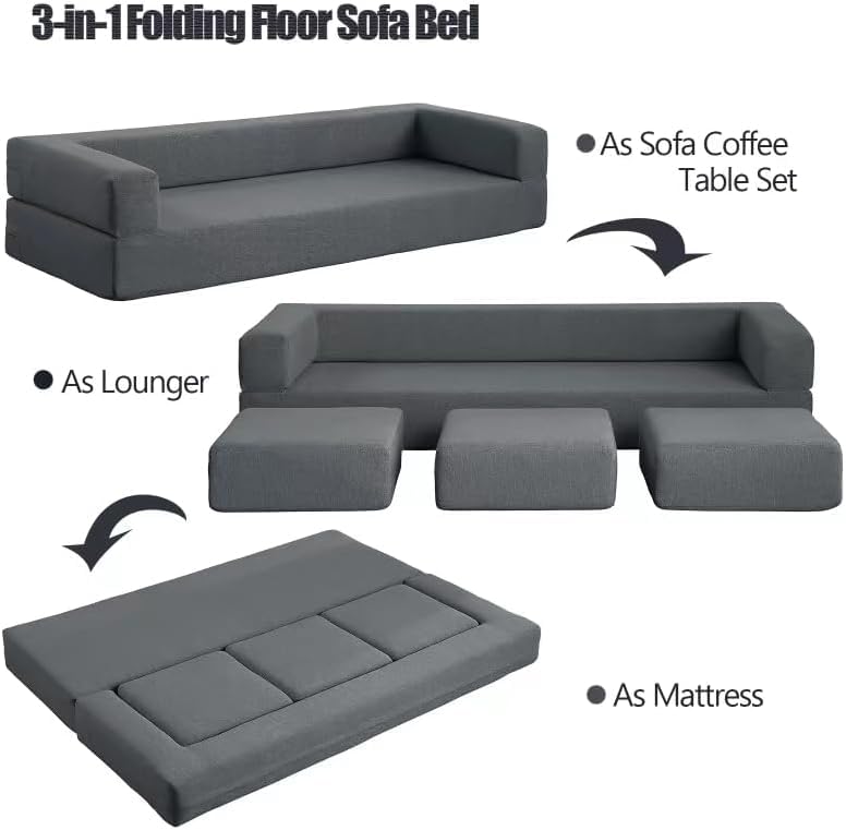 Uoobmope Convertible Floor Sofa Bed, Foldable Sofa Couch with 3 Ottomans, Memory Foam Fold Out Sleeper, Folding Mattress Futon Sofa Bed for Living Room/Bedroom/Studio-Dark Grey