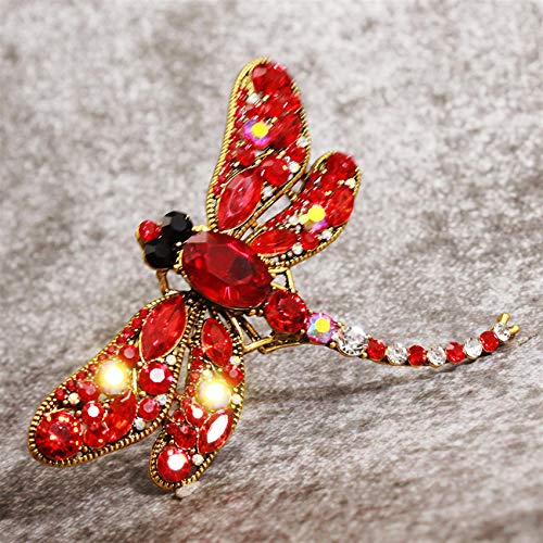 Hsakess Artificial Crystal Rhinestone Dragonfly Brooch Pin Animals Pin Gift for Women Outfits Decoration,Red, 9.1*7.5cm