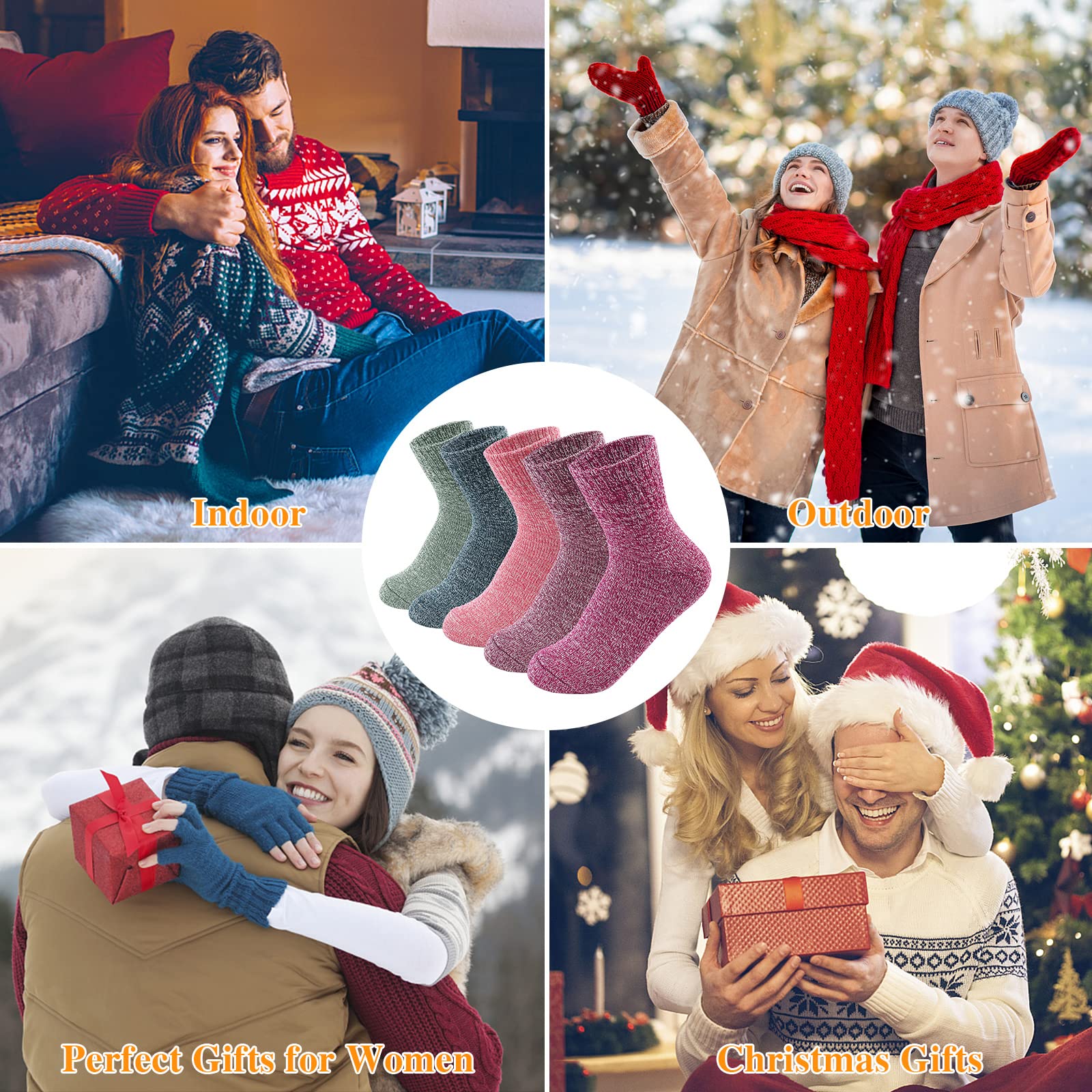 IFEND Warm Socks, 5 Pairs Women Wool Socks for Winter Soft and Thick Knit Cozy Crew Socks Christmas Gift Socks (Multicolor-05)