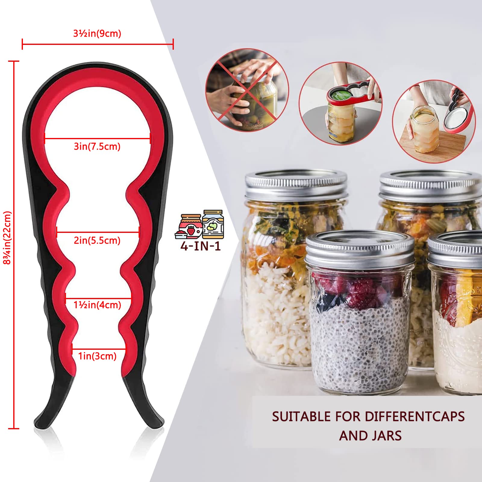 Jar Opener Can Opener Bottle Opener Lid Opener Kit with Non Slip Silicone Handle Easy to Twist for Children, Elderly, Weak Hand and Arthritis Sufferers (4 Pack)