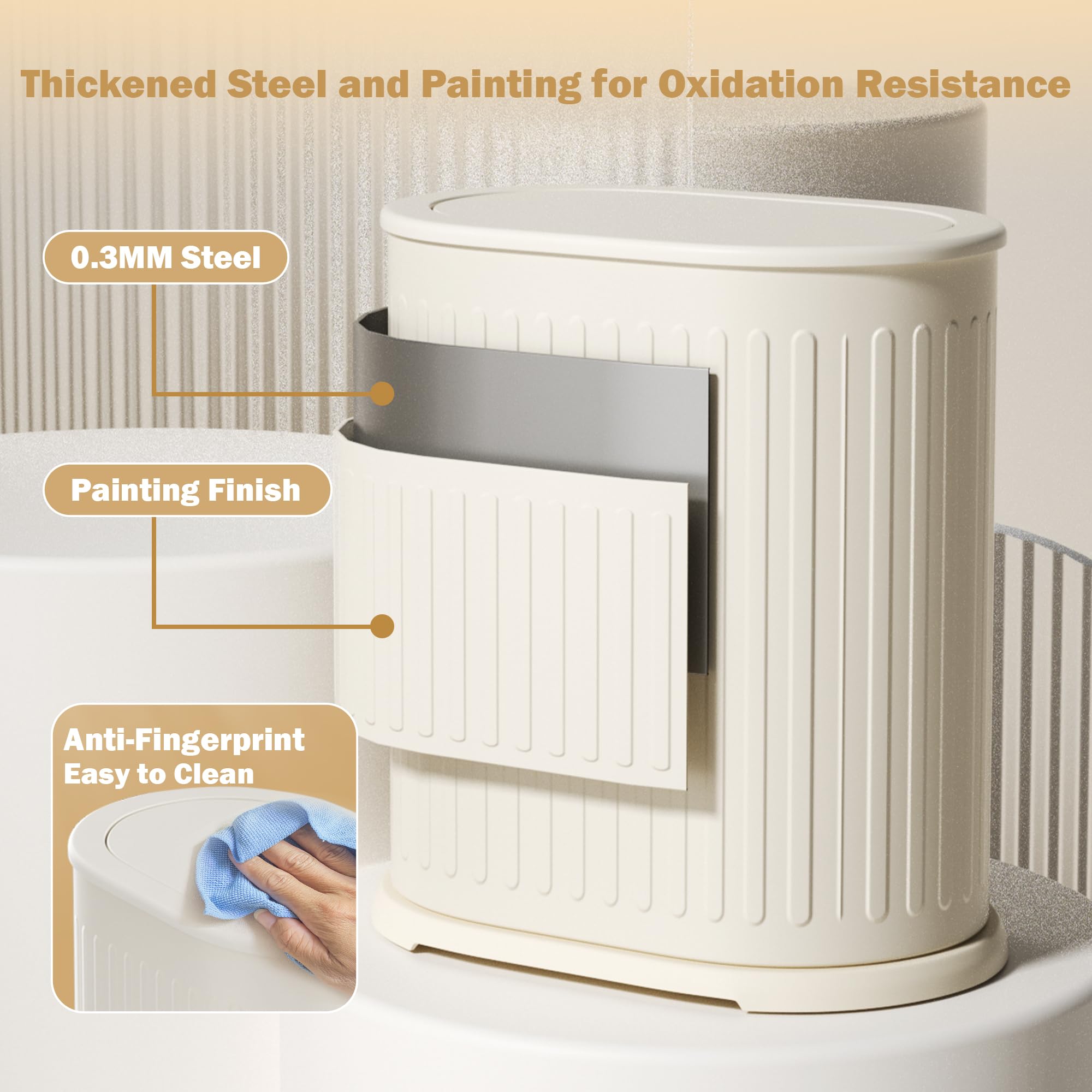 QINOFEN Stainless Steel Small Bathroom Trash Can with Pop up Lid 9L/2.4 Gallon Metal Waste Basket with Removable Liner Bucket,Slim Garbage Can Bin Under Desk/Sink for Bedroom,Office,Toilet,Diaper
