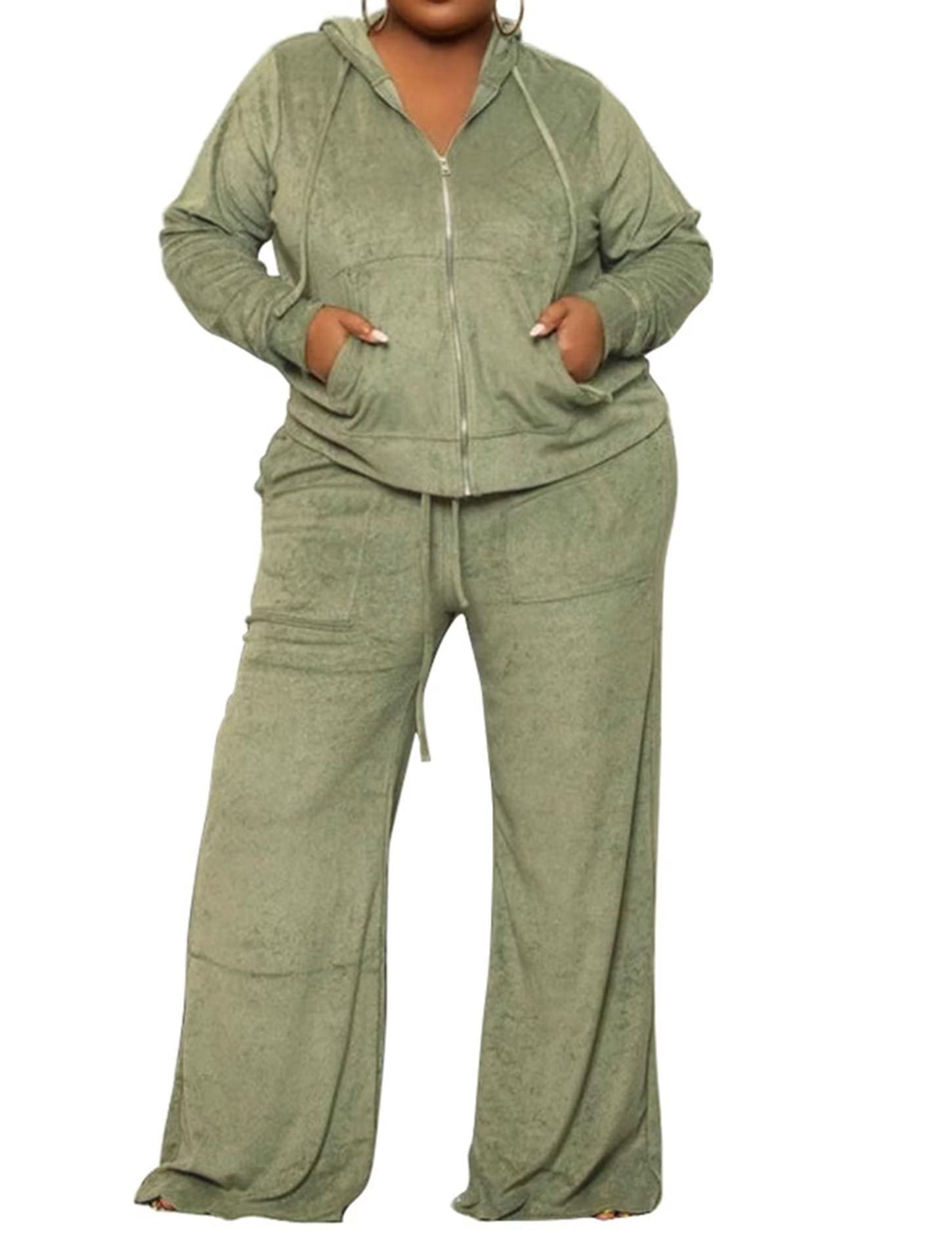 IyMoo Women's Plus Size 2 Piece Velvet Tracksuit Set Long Sleeve Zipper Hoodie Jacket Sweatpants Sweatsuit Jogger Workout Set Light Green 3X