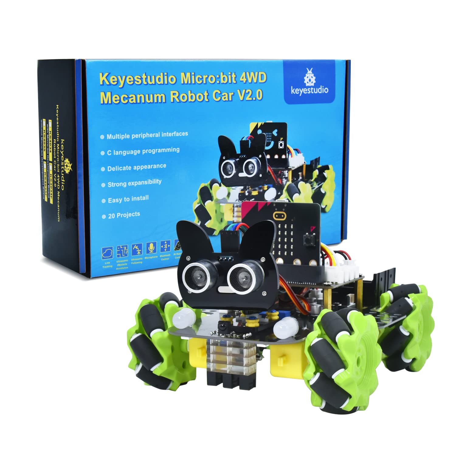 KEYESTUDIO Microbit 4WD Mecanum Car Kit V2 for Student Graphical Makecode Programming, 20 Projects Programmable Car for Adults Teens STEM Education (Without Micro:bit V2)