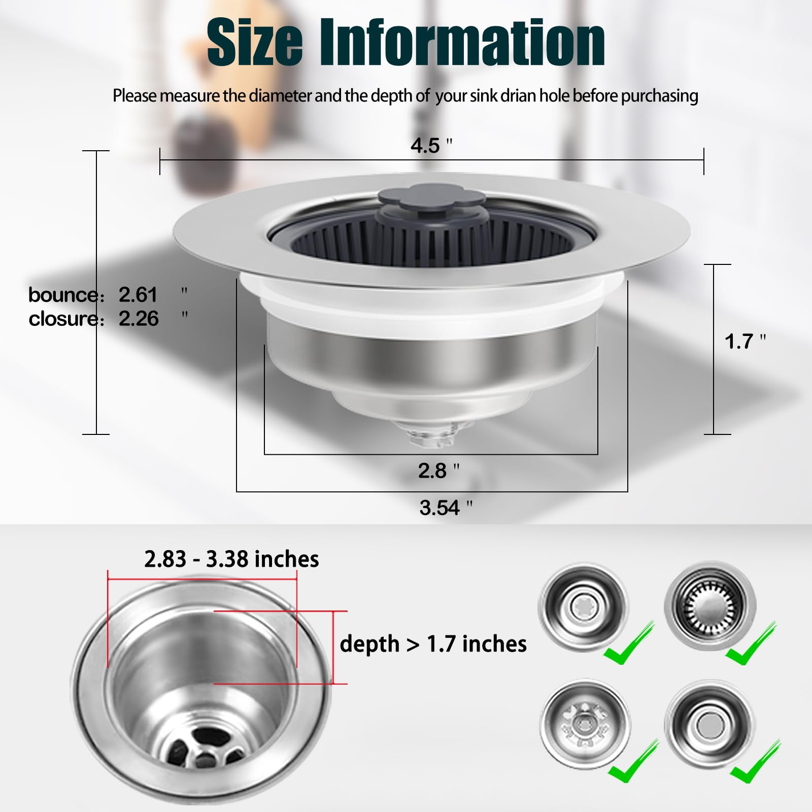 Upgraded 3 in 1 Kitchen Sink Drain Strainer - Stopper Set, Stainless Steel Kitchen Sink Stopper, Pop Up Anti-Clogging Sink Strainer Basket Filter for US Standard 3-1/2 Inch Kitchen Drain(1Pack)