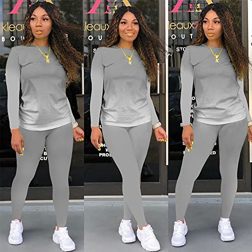 LaPhyran Two Piece Outfits for Women Casual Sets Pullover Long Sleeve Loose-Fit T Shirts Bodycon Solid Pants Tracksuits Fall Yoga Grey XXL
