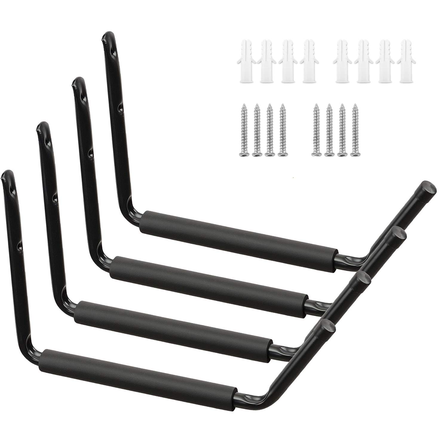 Garage Kayak Storage Hooks, Wall Mounted Indoor Canoe Hanger Utility Hanging Rack for Heavy Duty Ladders, Folding Chairs, Bike, Tools, Boat, Surfboard, Paddleboard and Ski Board (4 Pack- Black)