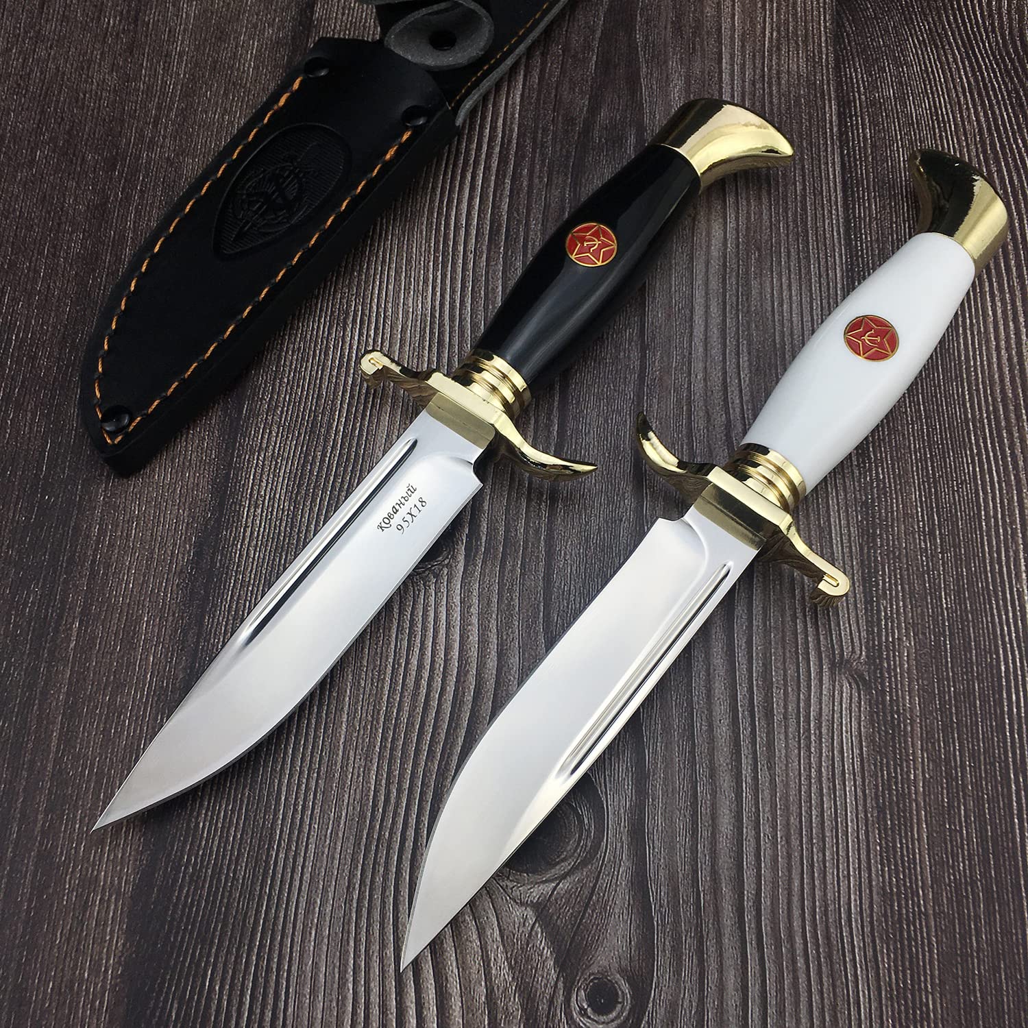 HUAAO 10.2in Fixed Blade Hunting Knife with Sheath, Bowie Knife Full Tang, 440C Blade Acrylic Handle, Survival Camping Knife for Outdoor Bushcraft (black handle)