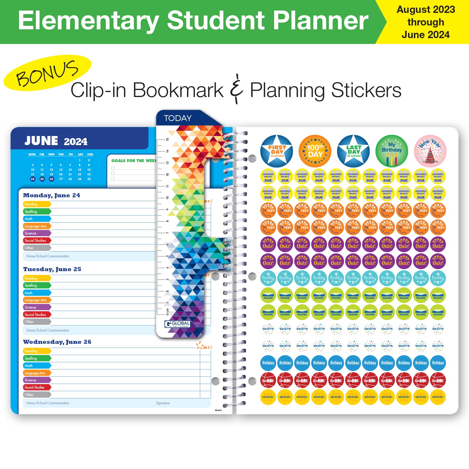 Global Datebooks Dated Elementary Student Planner for Academic Year 2023-2024 Includes Ruler/Bookmark and Planning Stickers (Block Style - 8.5"x11" - Space)