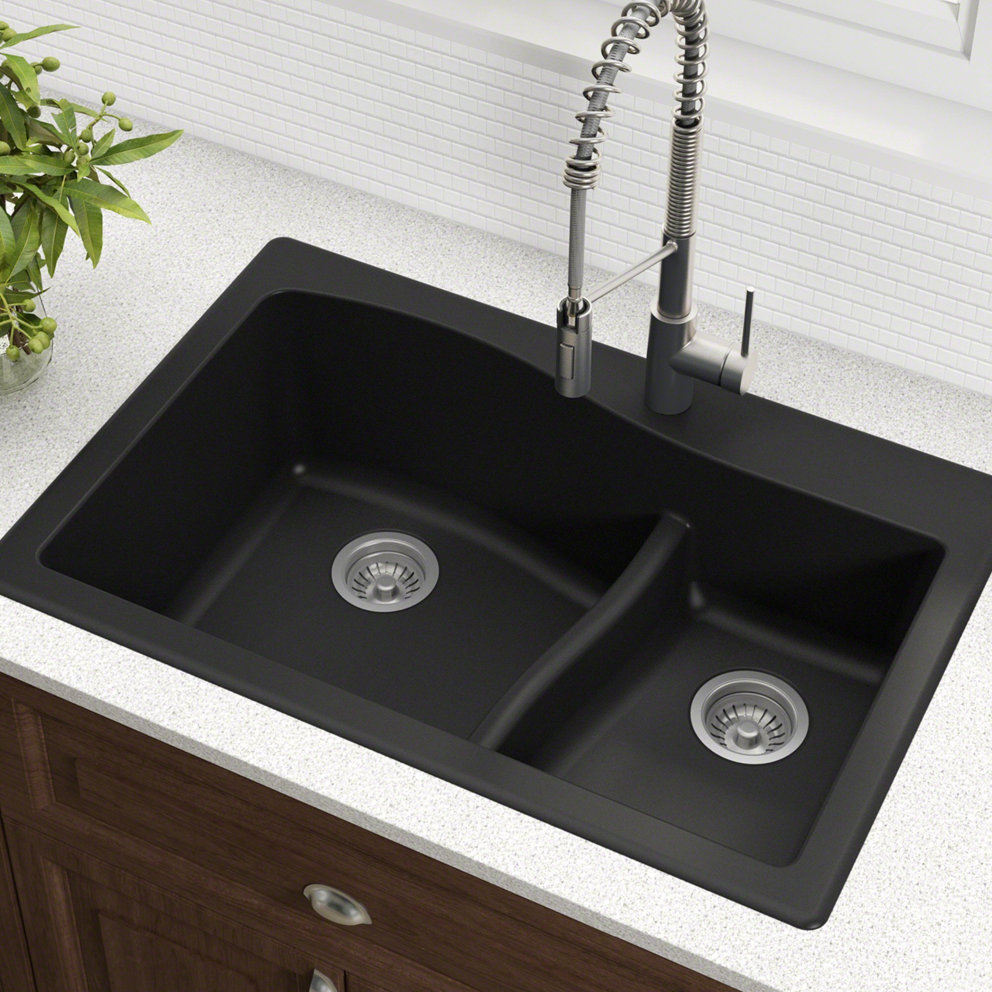 KRAUS KGD-442 Quarza 33-inch 33β Dual Mount 60/40 Double Bowl Granite Kitchen Sink in Black
