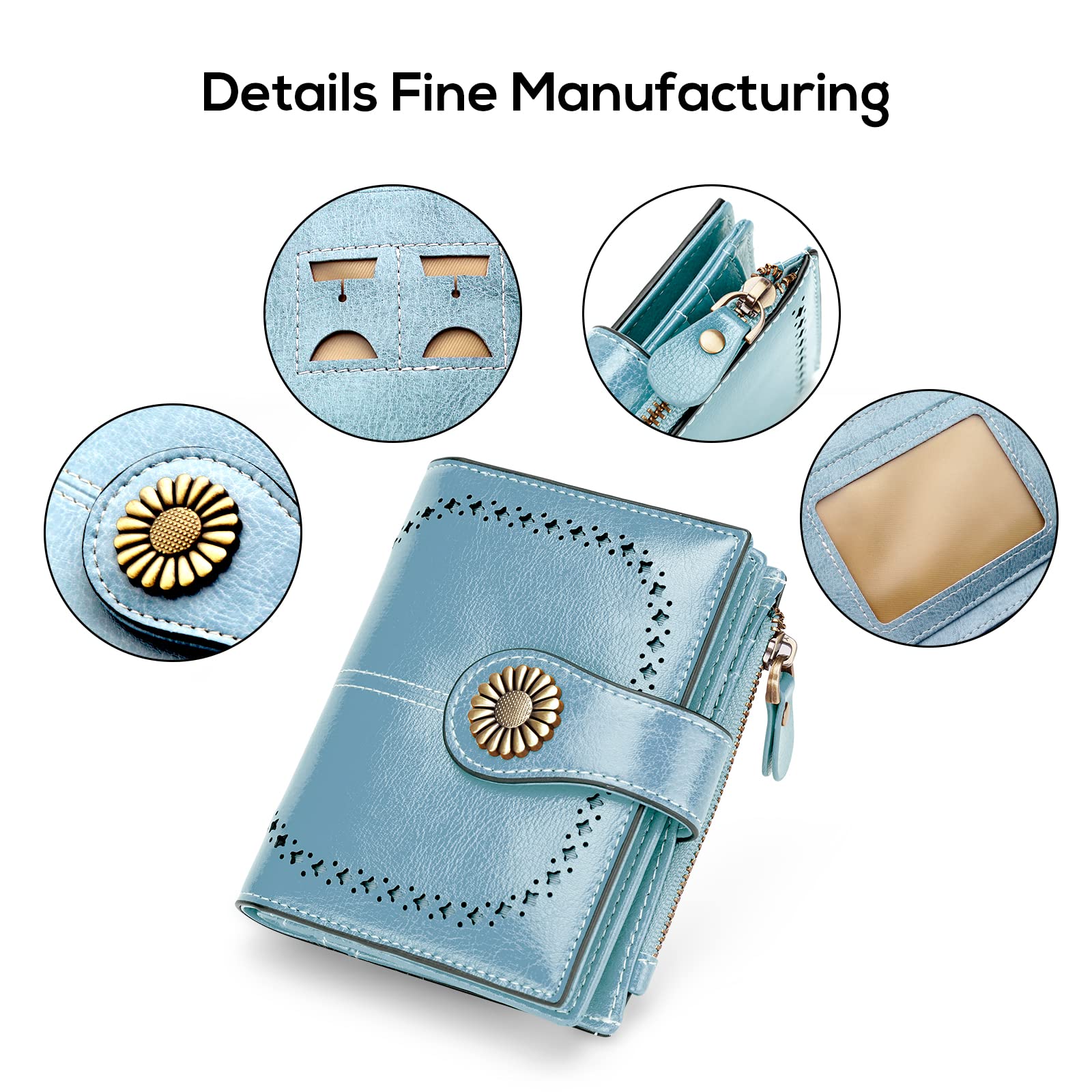 INSIFEEL Small Wallet for Women Genuine Leather Bifold Ladies Purse with ID Window (Light Blue)