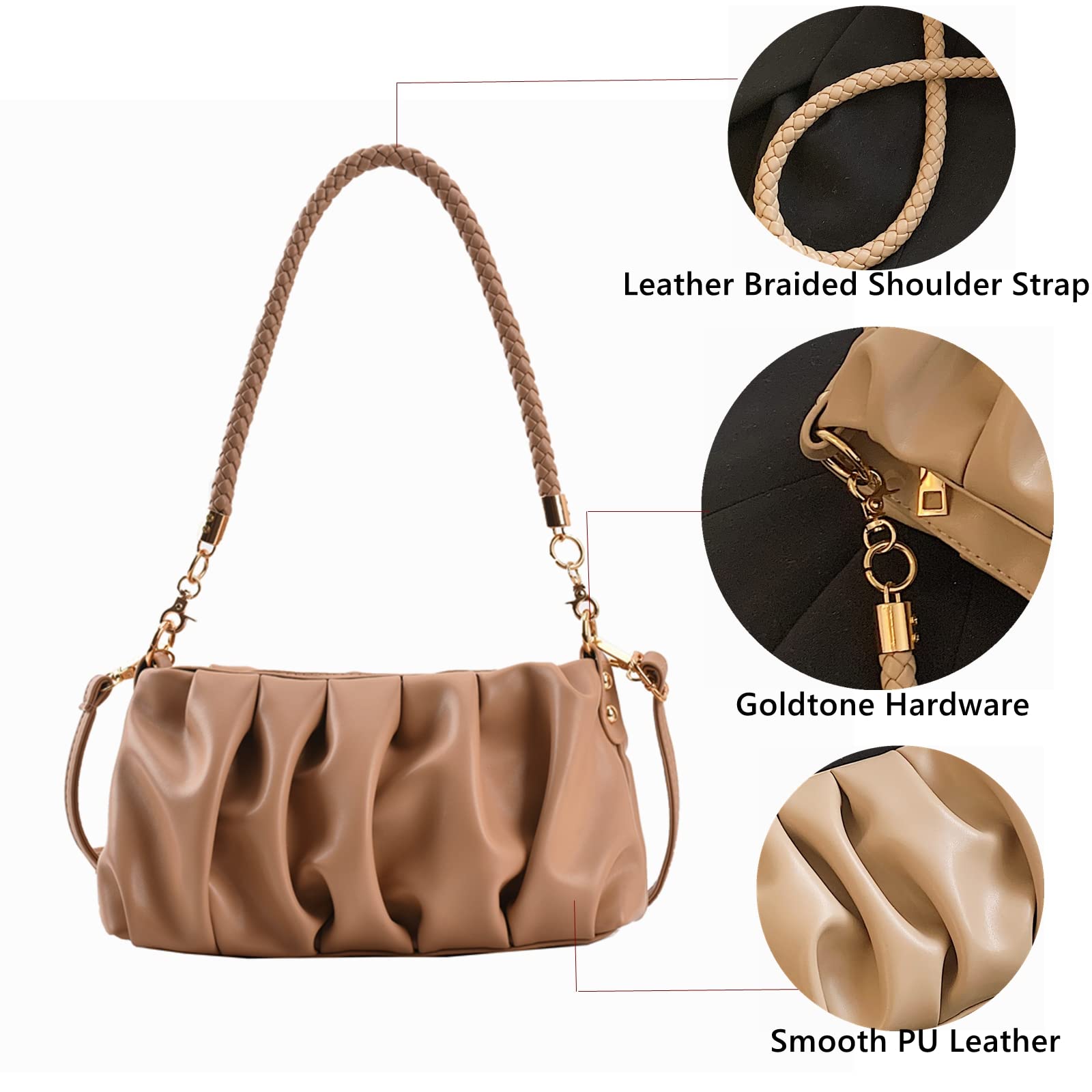 GEEMONT Shoulder Bag Clutch Purse Fashion Multipurpose Crossbody Pleated Pouch Dumpling Bag and Evening Bag (Khaki)