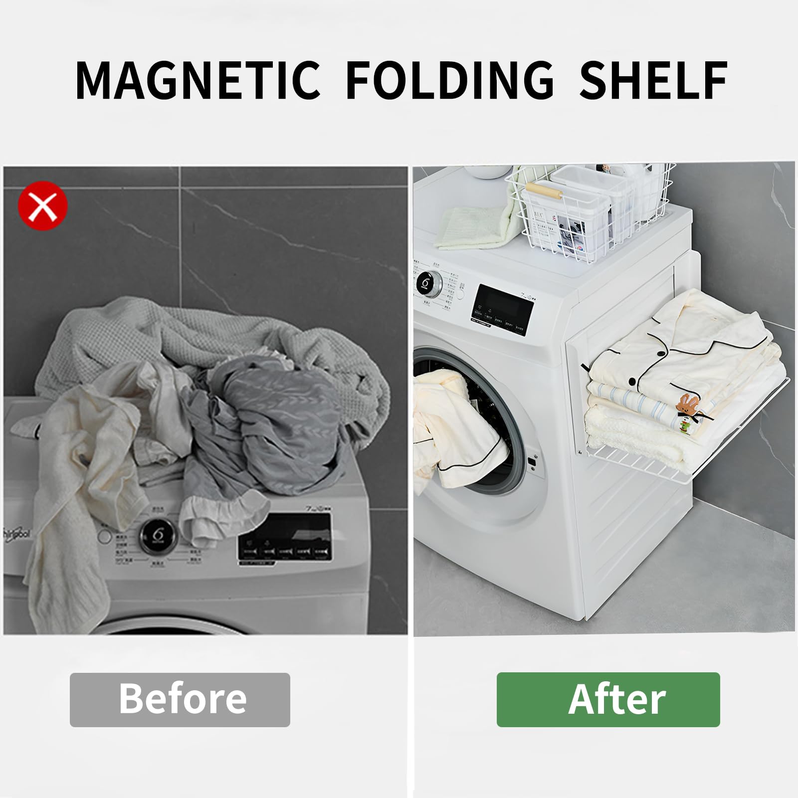 ROLIZOE Magnetic Multi-Purpose Organizer Shelf for Washing Machine Side Storage,Fridge Magnet Organizer Shelf,Towel Storage Rack for Bathroom, Laundry Room Magnetic Folding Shelf（White）