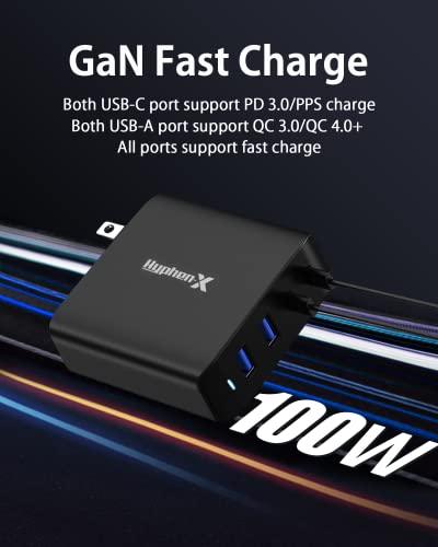 Hyphen-X 100W USB C Charger, GaN Fast Type C PD Charging Station for MacBook Pro Air 16in 14in 2021 13inch 2022, iPhone 14 13 Pro, iPad Pro Air, Galaxy, XPS, USB-C Laptops and More(Black)
