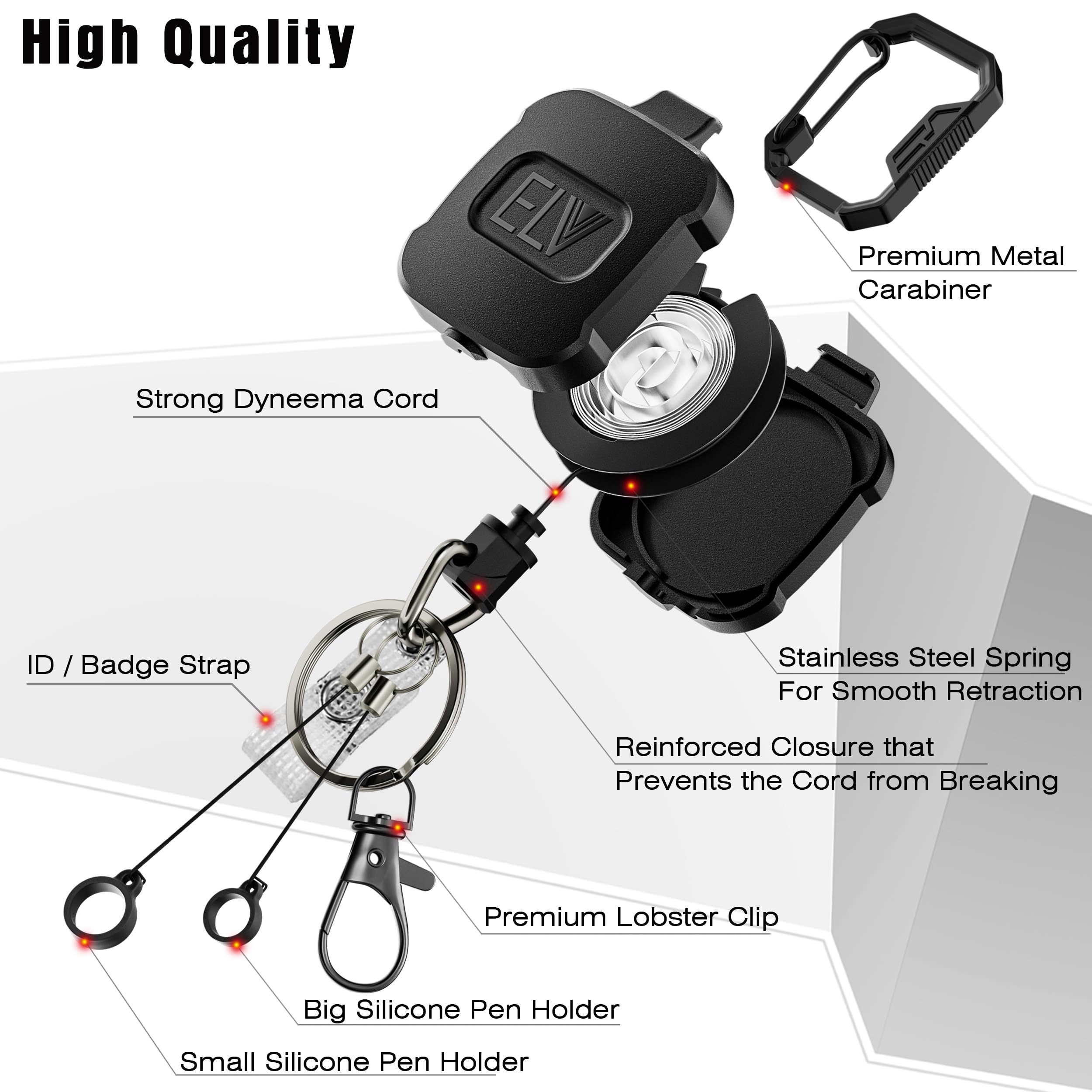 ELV 2 Pack Heavy Duty Retractable Keychain with Lock Function & Carabiner, Retractable ID Badge Holder Clip, Retractable Badge Reel with 32” Dyneema Cord, Key Ring, Lobster Clip and Pen Holders