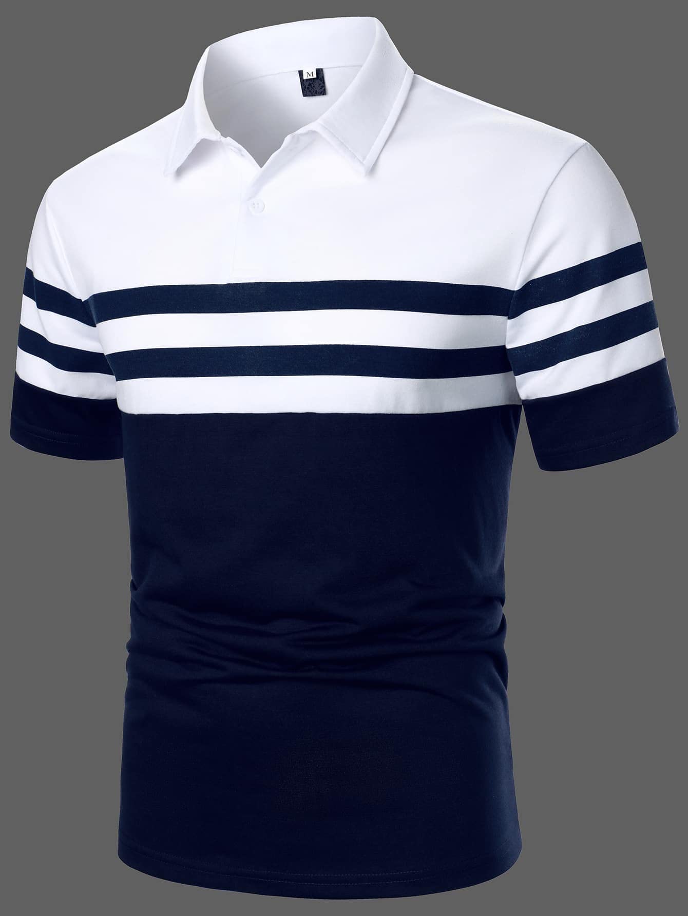 GORGLITTER Men's Color Block Striped Short Sleeve Polo Shirt Blue and White Large