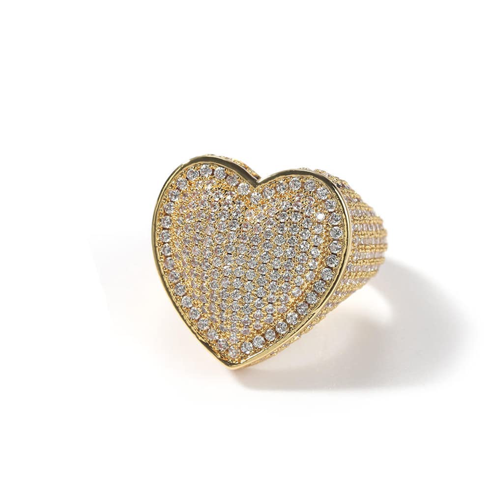 Lulu Mel Iced out Jewelry heart shape party ring,14k gold plating CZ micro setting shiny INS style bling rose gold big size heart ring for men women (Gold, 8)