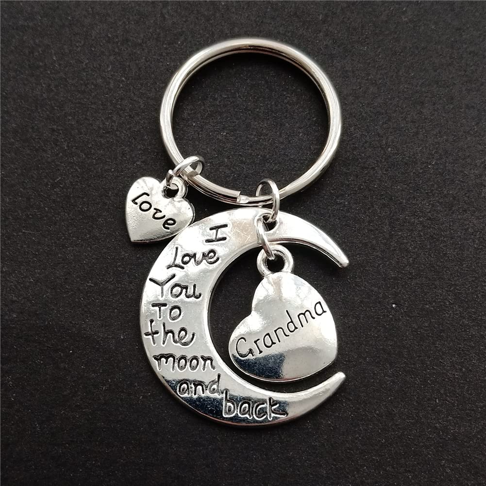 I Love You to the Moon and Back Grandma Keychain Heart Shape Pendant Engraved Keyring