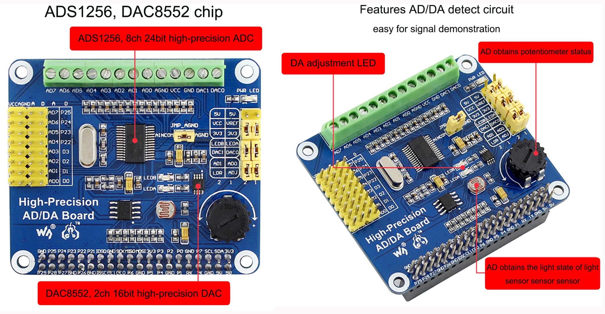 High-Precision AD/DA Expansion Board for Raspberry Pi 4B/3B+/3B/2B/Zero/W/Zero WH and Jetson Nano,Add High-Precision AD/DA Functions to Pi. Onboard ADS1256 8-CH 24bit ADC and DAC8532 2-CH 16bit DAC