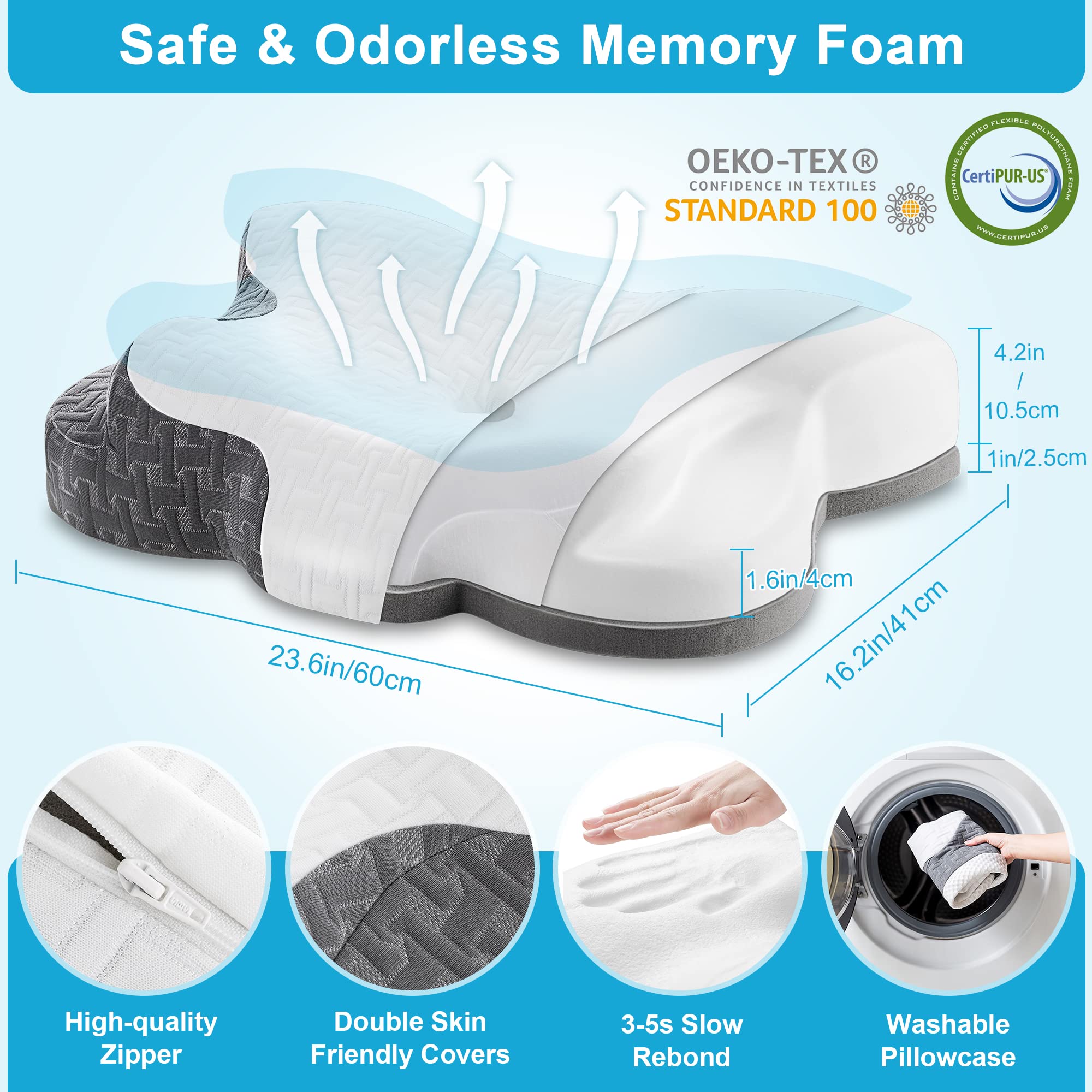 Elviros Cervical Memory Foam Neck Pillow for Pain Relief, Adjustable Orthopedic Contour Support Pillows for Sleeping, Ergonomic Bed Pillow for Side, Back, Stomach Sleepers, Queen Size (White)