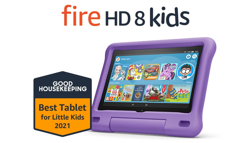 Fire HD 8 Kids tablet, 8" HD display, ages 3-7, 32 GB, includes a 1-year subscription to Amazon Kids+ content, Purple Kid-Proof Case, (2020 release)