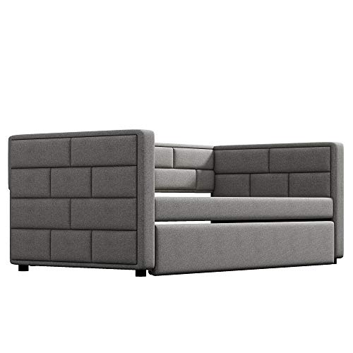TARTOP Twin Upholstered Daybed with Trundle, Wooden Daybed Sofa Bed Frame with Padded Back, Twin Captain’s Bed for Living Room Bedroom,Gray