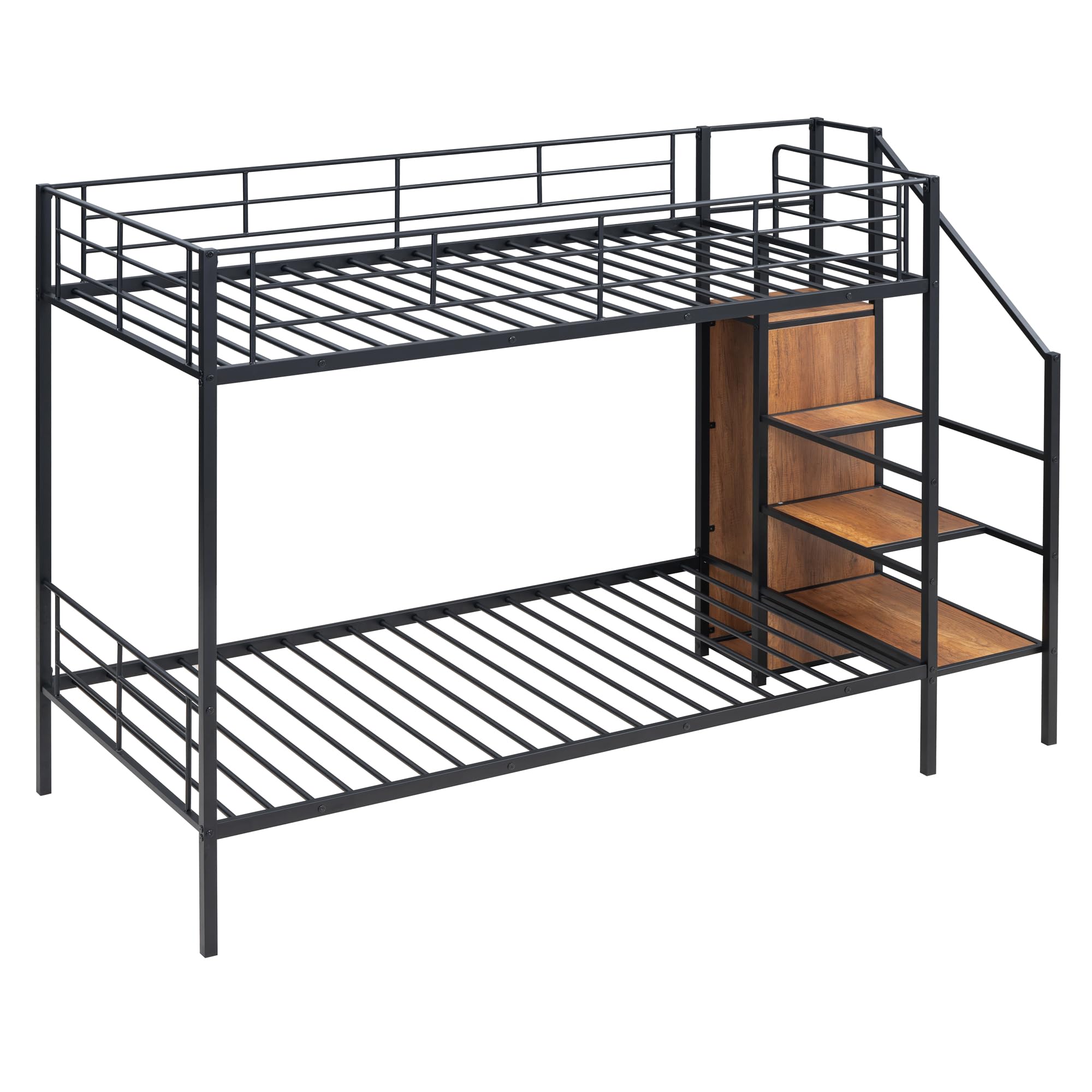 URTR Metal Twin Over Twin Size Bunk Beds, Heavy-Duty Twin Bunk Bed with Stairs and Wardrobe for Boys Girls Teens Bedroom Dormitory, Black