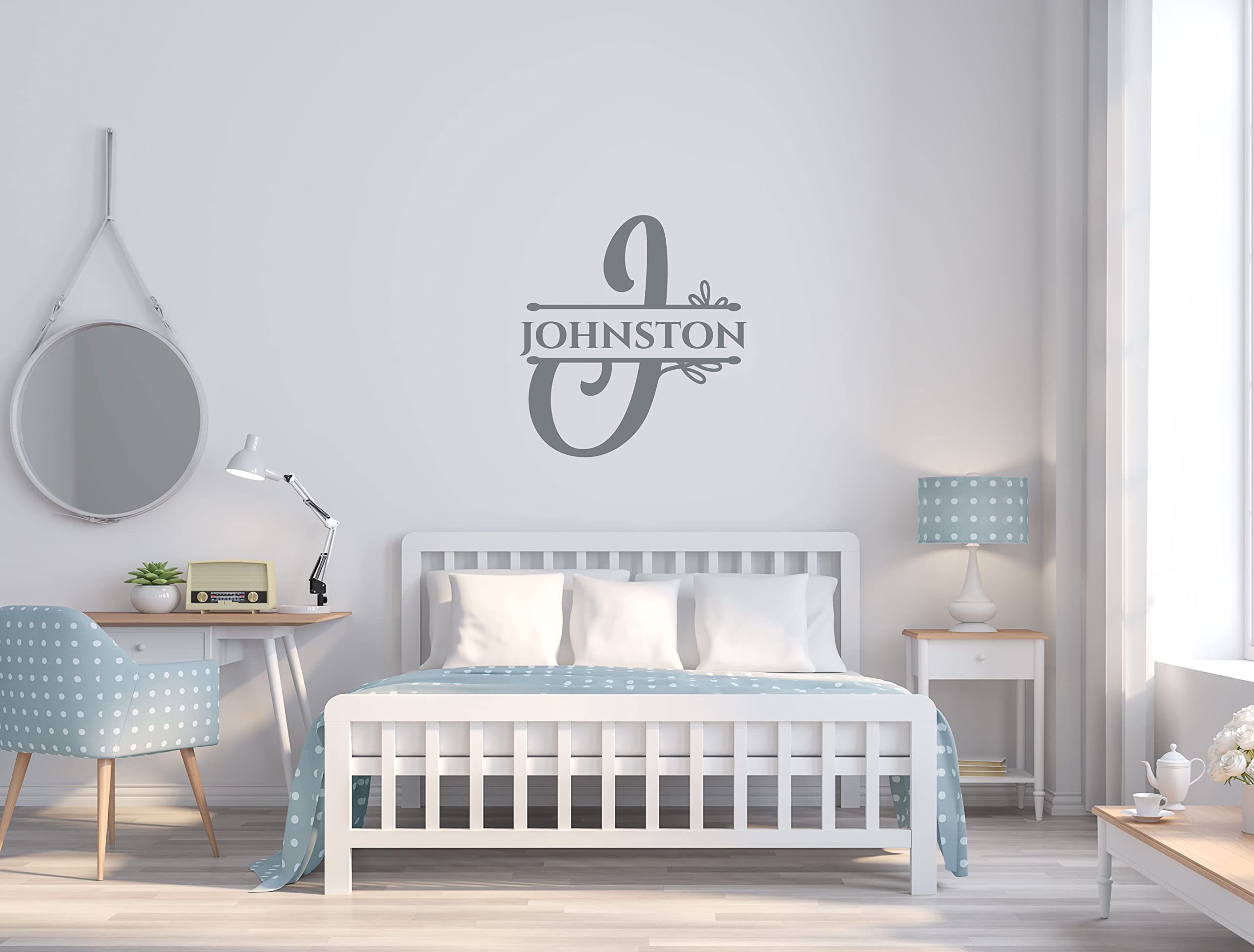 Personalized Vinyl Wall Decal - Monogram Initial with Last Name - Home Decor for Family Room, Nursery, Bedroom, or Wedding Decor - Beautiful Customized Letters - Removable Sticker