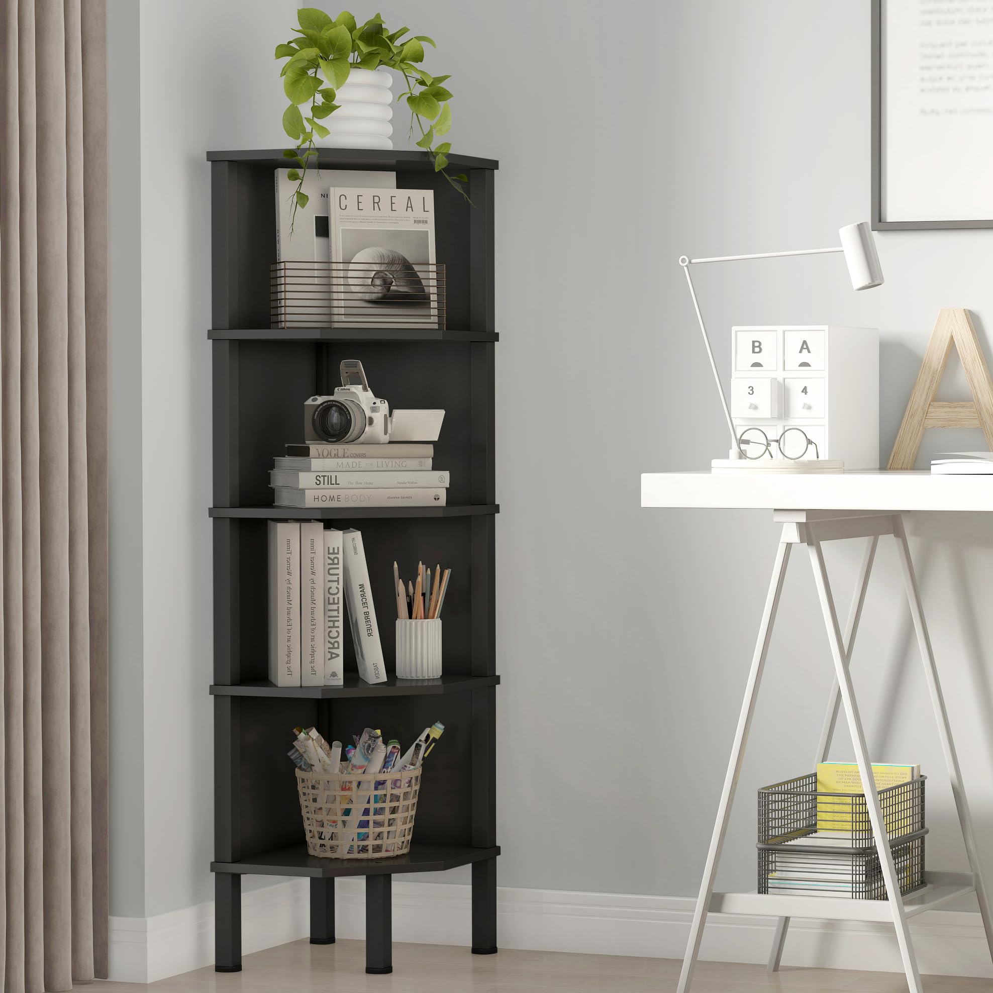 LAATOOREE 5 Tier Corner Shelf, Corner Stand Rack, Freestanding Wooden Corner Bookshelf, Plant Display Shelving Unit for Small Space, Living Room, Bedroom, Office, Kitchen (Black, 5 Tier)