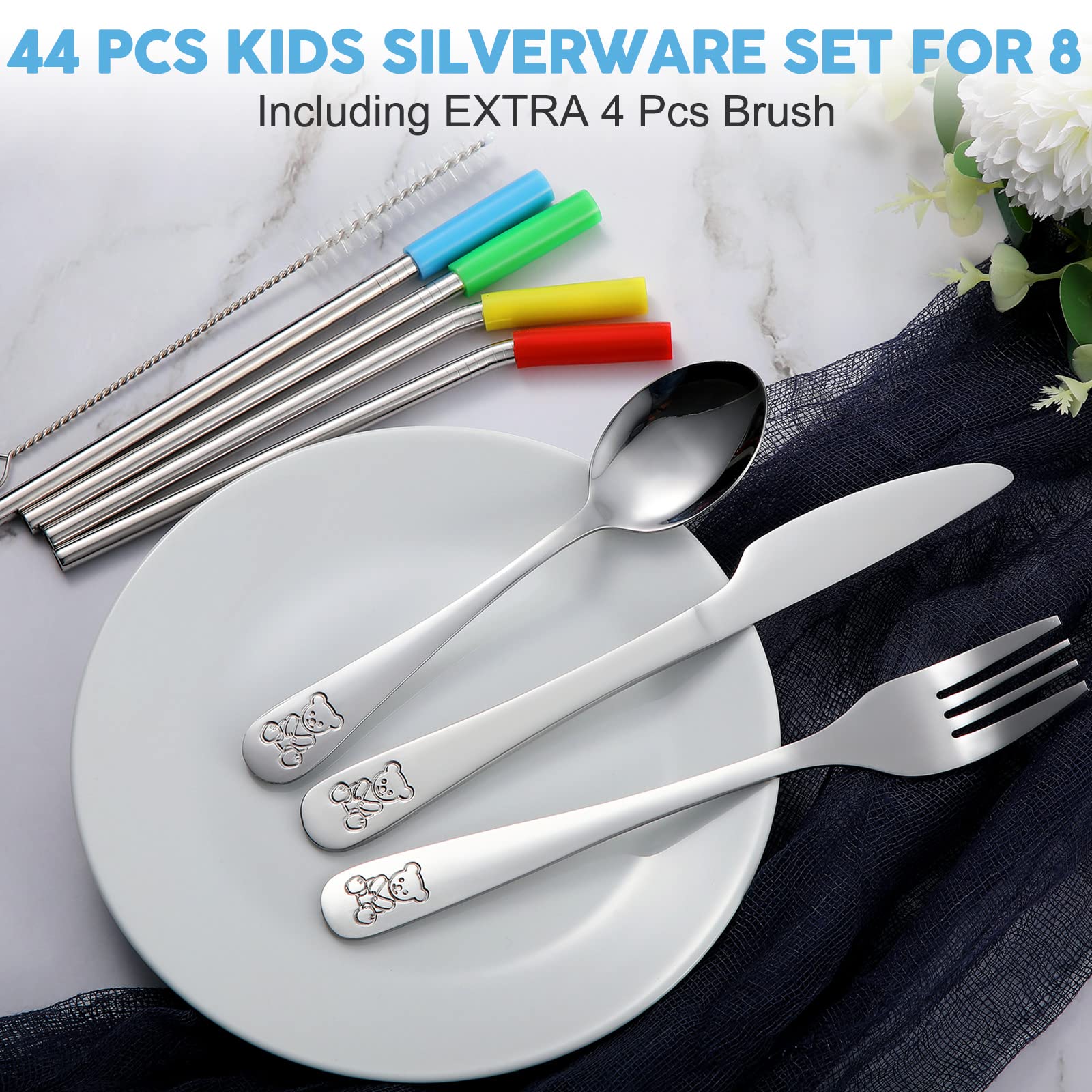 Mimorou 40 Pieces Toddler Utensils Kids Silverware Set Stainless Steel Forks Spoons Knife and Metal Straws with Silicone Tips Brush Bulk for Self Feeding